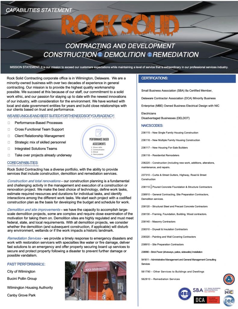 Rock Solid – RockSolid is a SBA 8(a) Certified Minority owned General Contracting Business
